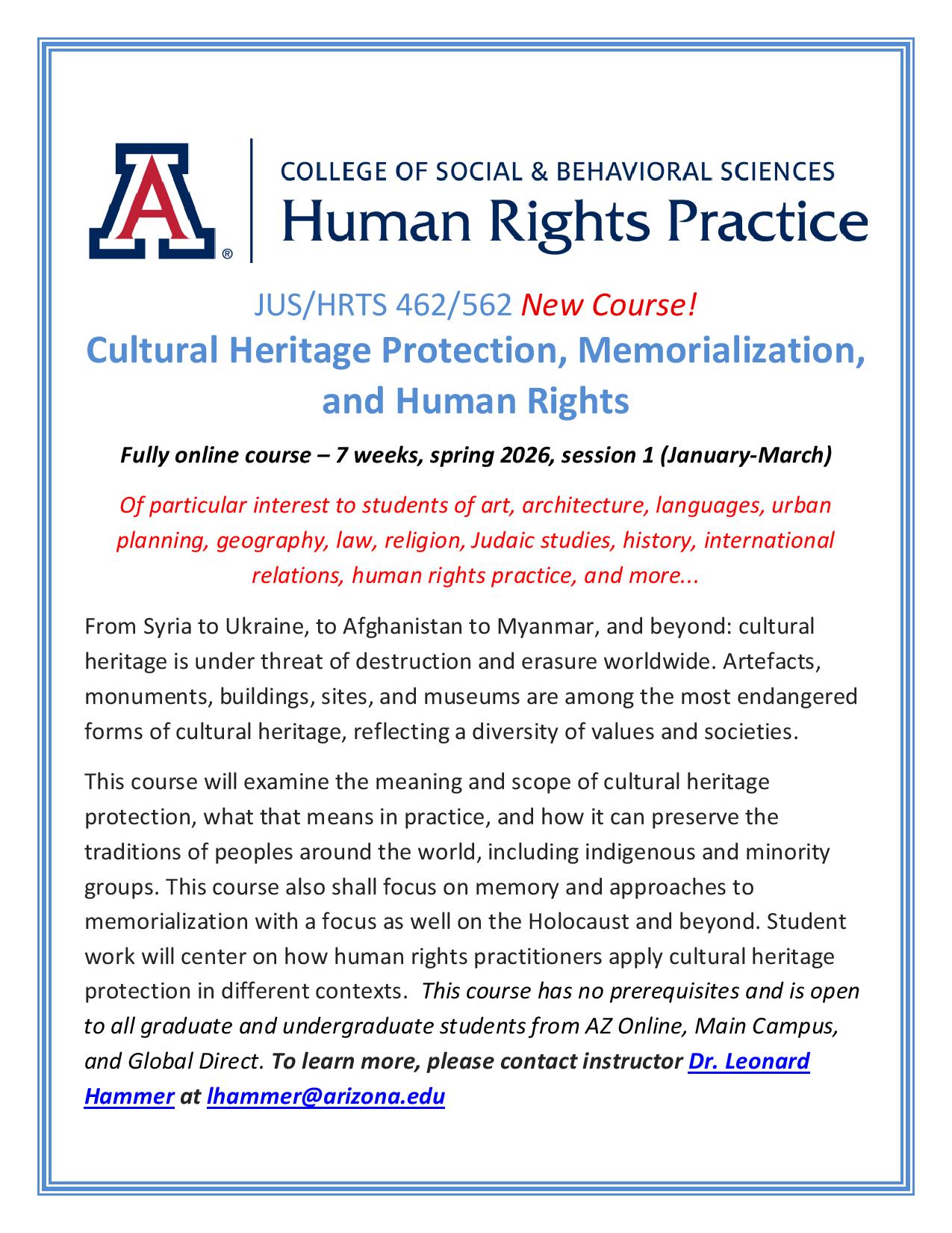 Spring 2026 course on Cultural Heritage Protection, Memorialization, and Human Rights | Human ...